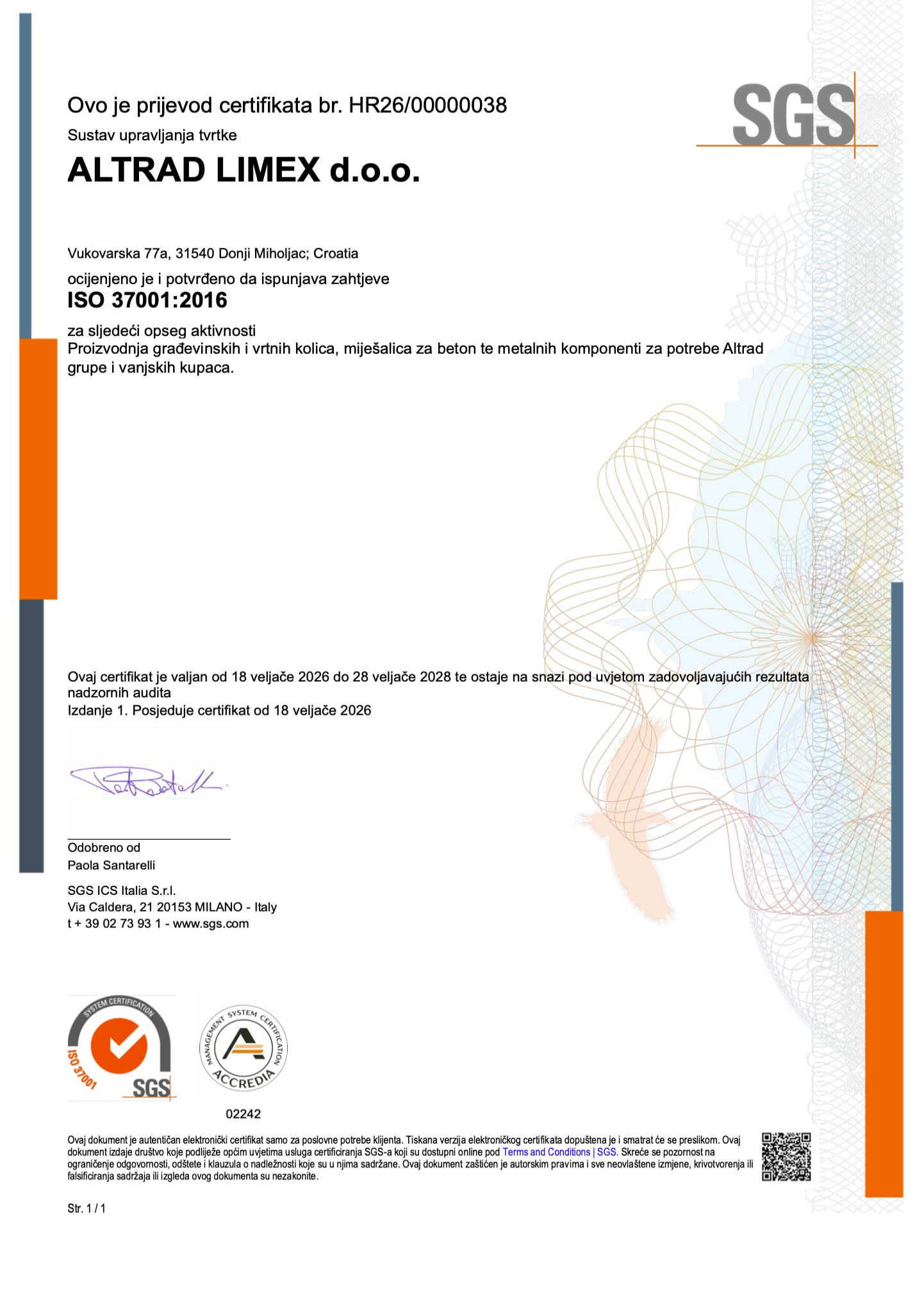 Certifikacija – Altrad Limex d.o.o.